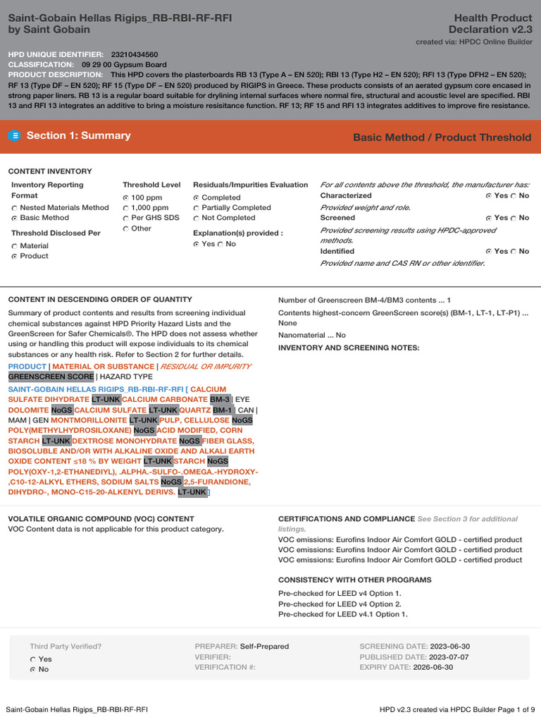 Health Product Declaration Rigips RB - RBI - RF - RFI - 1 | PDF | Toxicity | Carcinogen
