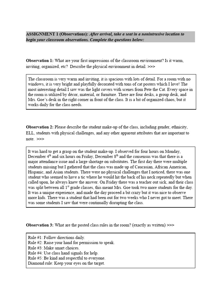 Edu 201 Assignment 1 Observations - 1 | PDF | Classroom