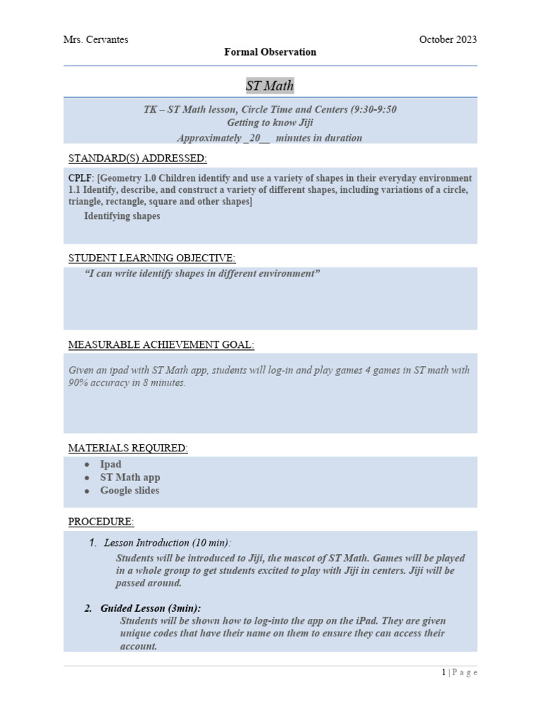 Lesson Plan ST Math | PDF | Mathematics | Lesson Plan