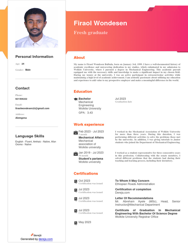 Firaol Wondesen: Mechanical Engineer Profile | PDF | Mechanical Engineering | Vocational Education
