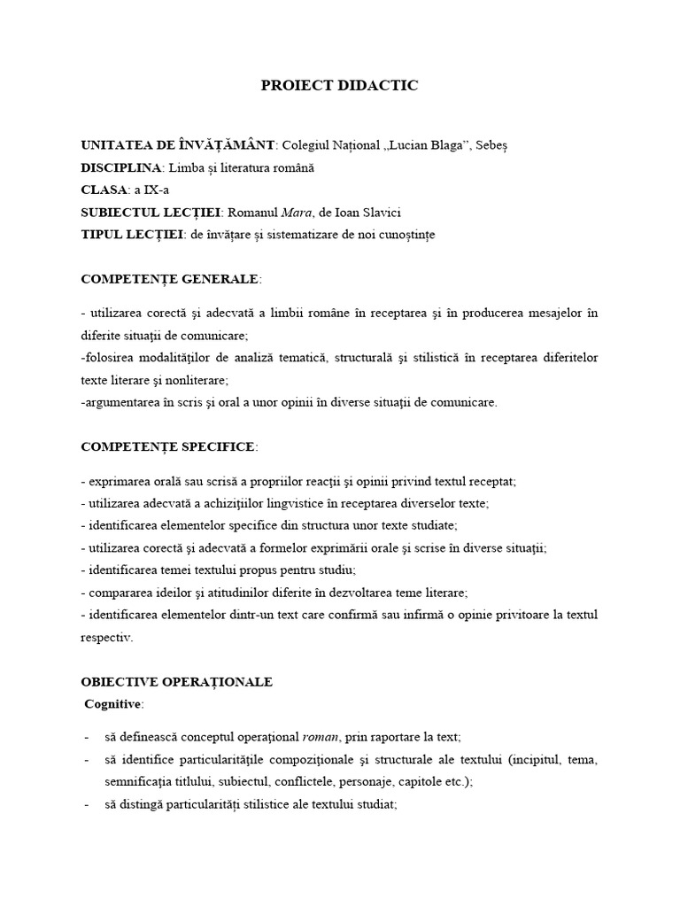 Mara Ioan Slavici Proiect Didactic | PDF