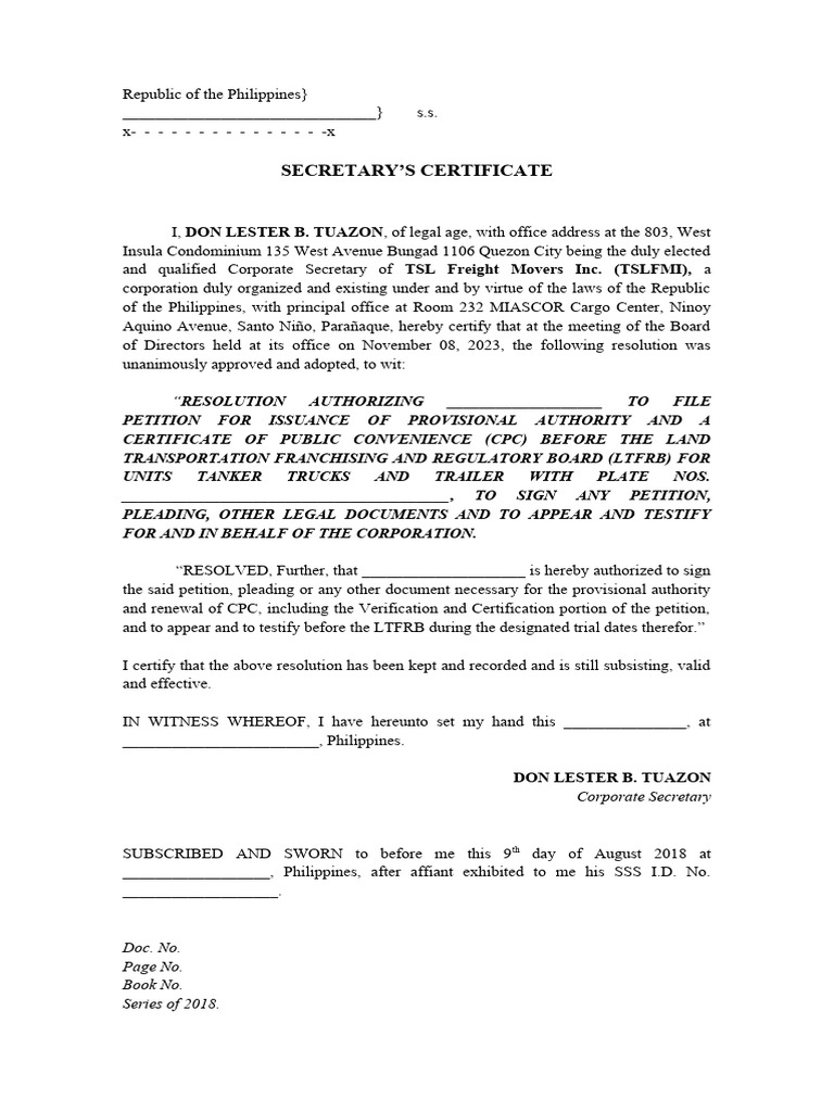 Secretary S Certificate LTFRB New CPC | PDF