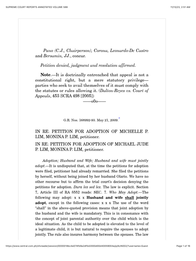 Adoption of Michelle Lim GR No. 168992 | PDF | Adoption | Marriage