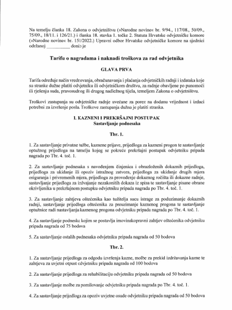 Nacrt Tarife o Nagradama I Naknadi Troskova Za Rad Odvjetnika | PDF