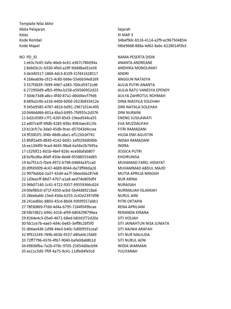 Template Nilai Akhir Mata Pelajaran Sejarah Kelas XI MAP 3 | PDF