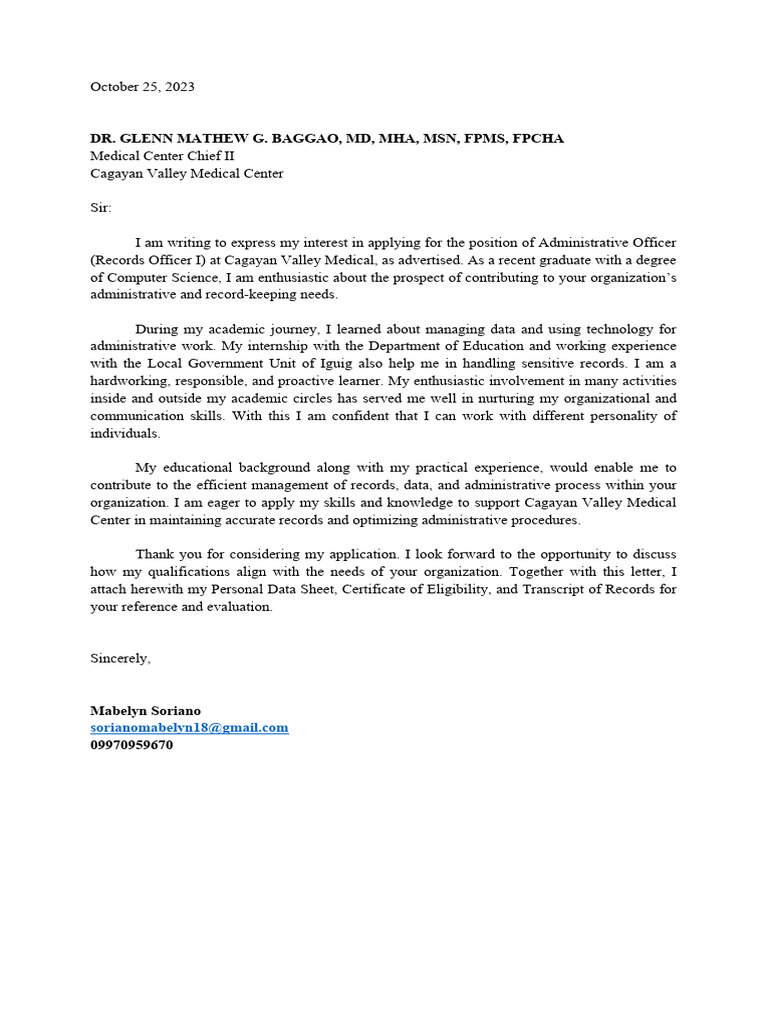 Application for Administrative Officer Position | PDF | Career & Growth ...