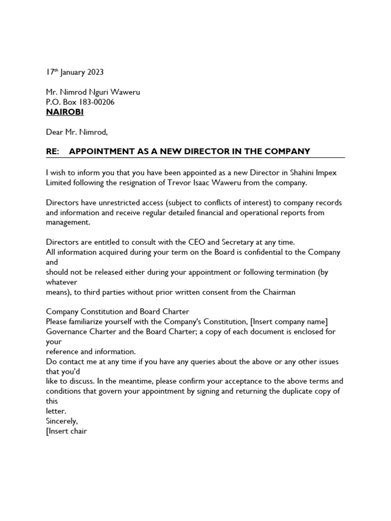 Appointment Letter Nimrod Waweru - Director Shahini Impex LTD | PDF