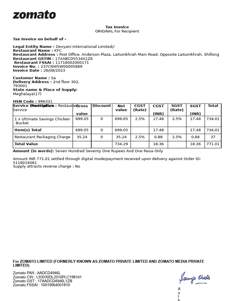KFC Tax Invoice from Zomato - Shillong | PDF