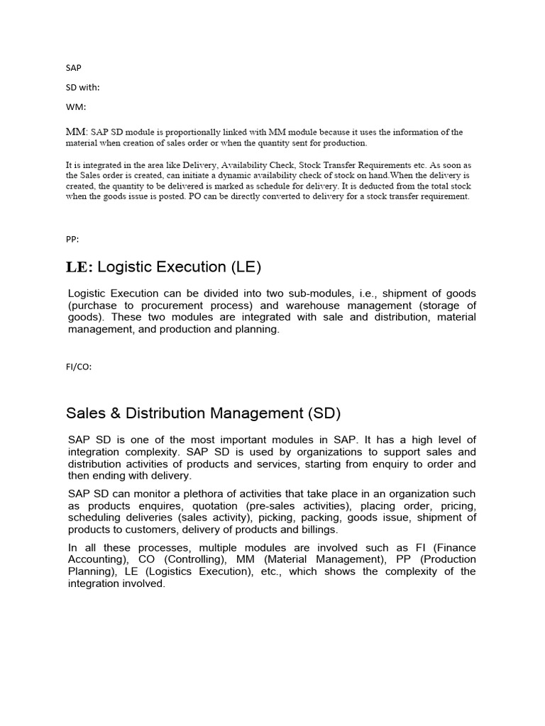 Logistic Execution (LE) : SAP SD With: WM | PDF