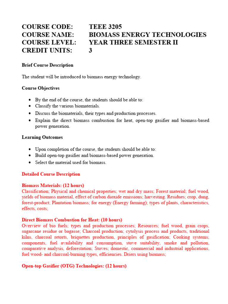 Biomass Energy Technology Course Outline | PDF | Gasification ...