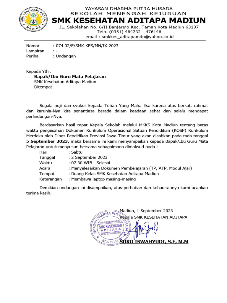 Surat Undangan Penyusunan KOSP PDF | PDF