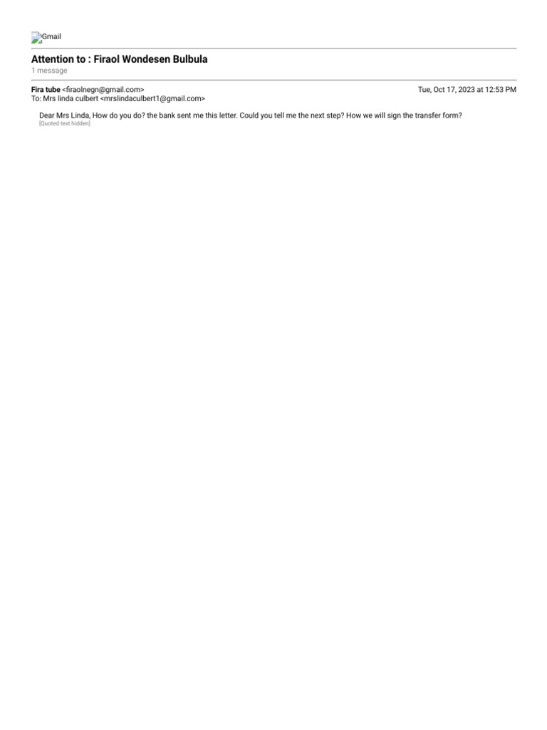 Gmail - Attention To - Firaol Wondesen Bulbula | PDF