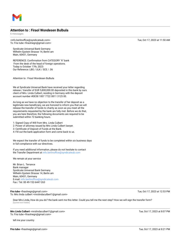 Gmail - Attention To - Firaol Wondesen Bulbula | PDF