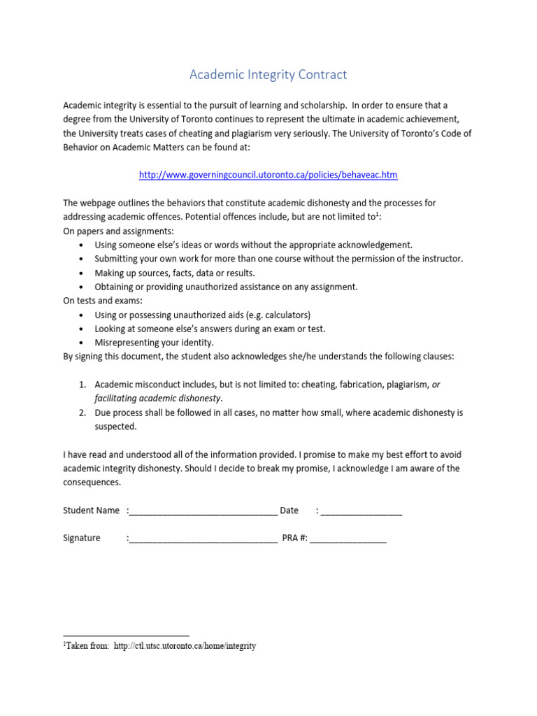 Academic Integrity Contract | PDF