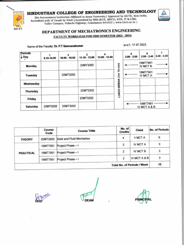 2023-2024 Odd Sem Faculty Induviual Time Table | PDF | Engineering