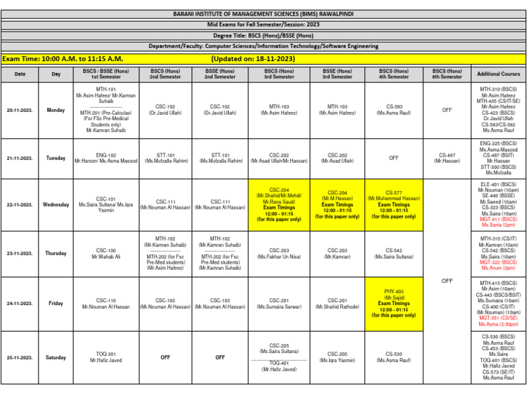 BIMS Fall 2023 Midterm Exam Schedule | PDF | Vocational Education ...