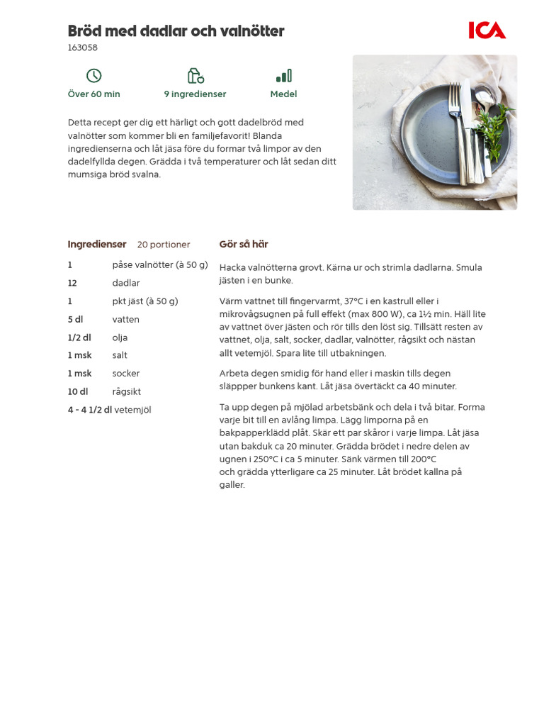 Bröd Med Dadlar Och Valnötter - Recept ICA - Se | PDF