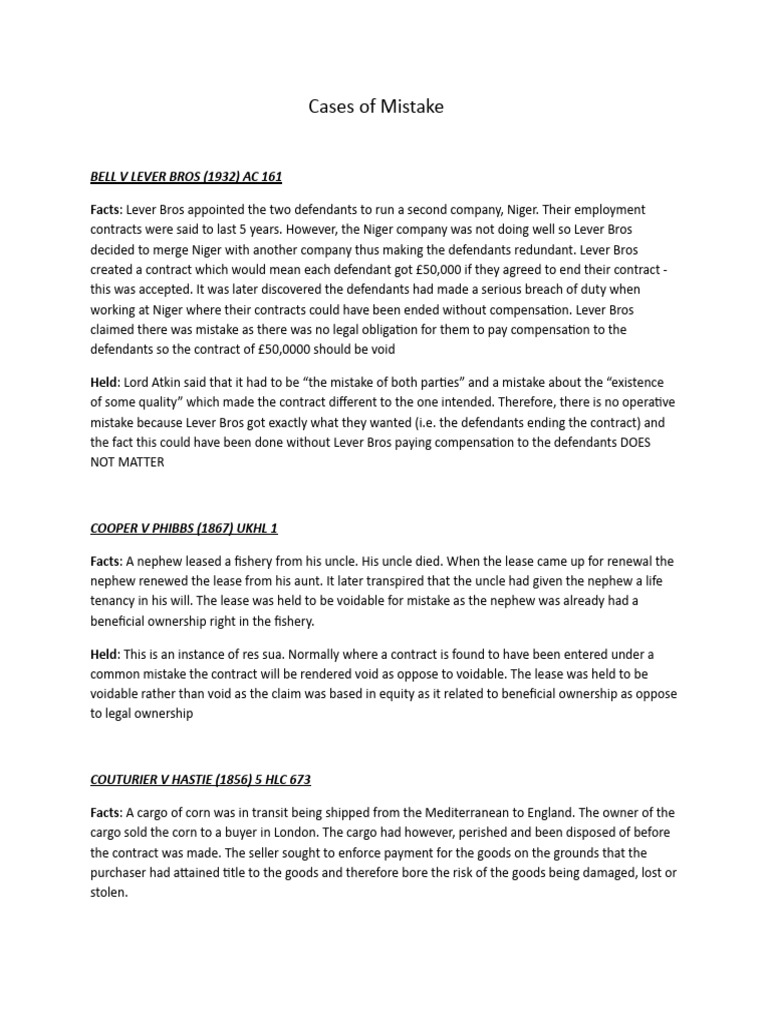 Cases of Mistake | PDF | Legal Concepts | Common Law