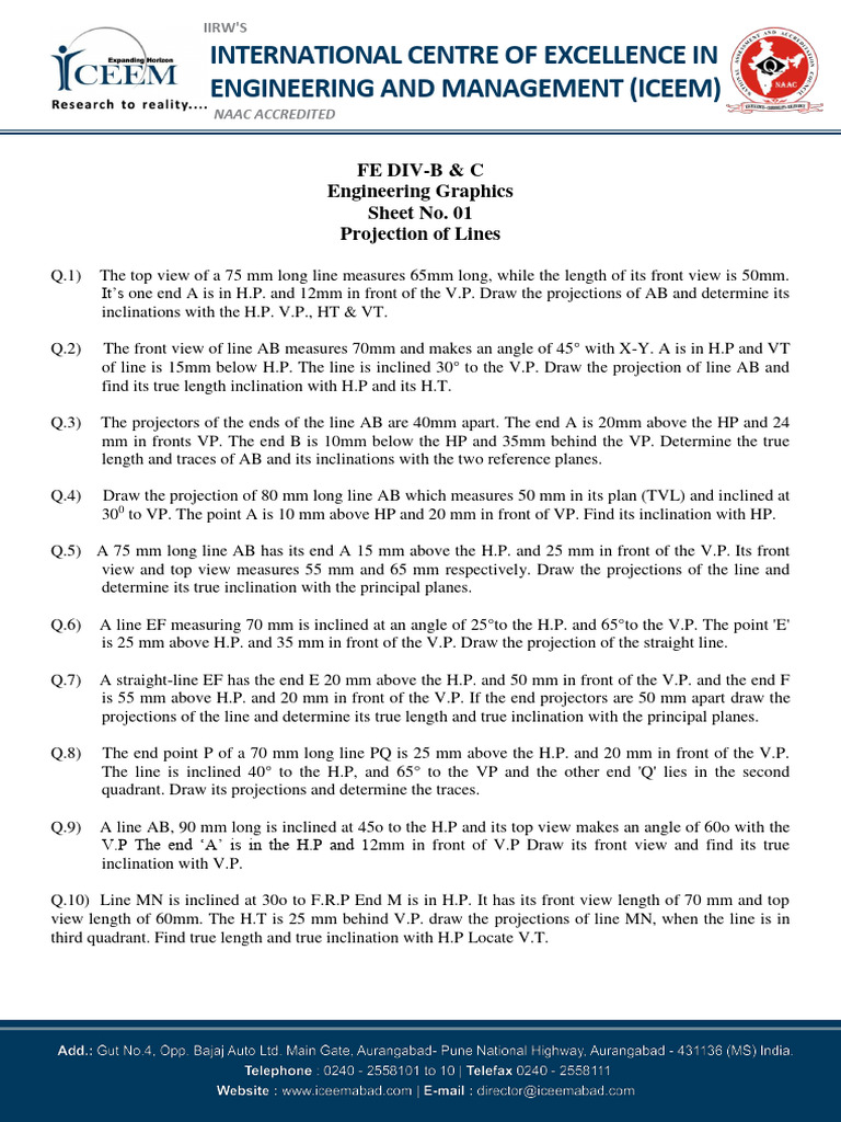 Eg Sheet 1 Projection Of Lines Pdf Motion Physics Mechanics