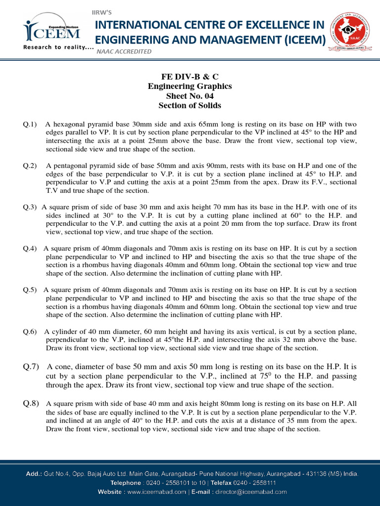 EG Sheet 4 Section of Solids | PDF | Perpendicular | Euclid