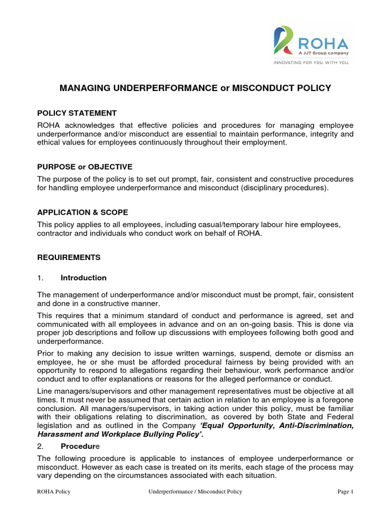 ROHA Underperformance & Misconduct Policy | PDF | Employment | Sexual ...