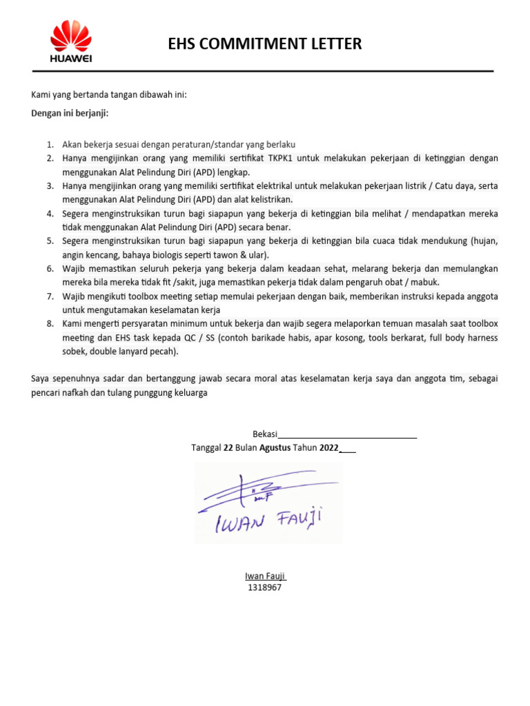 Work Safety - COMMITMENT LETTER | PDF | Griya & Taman | Teknologi & Rekayasa