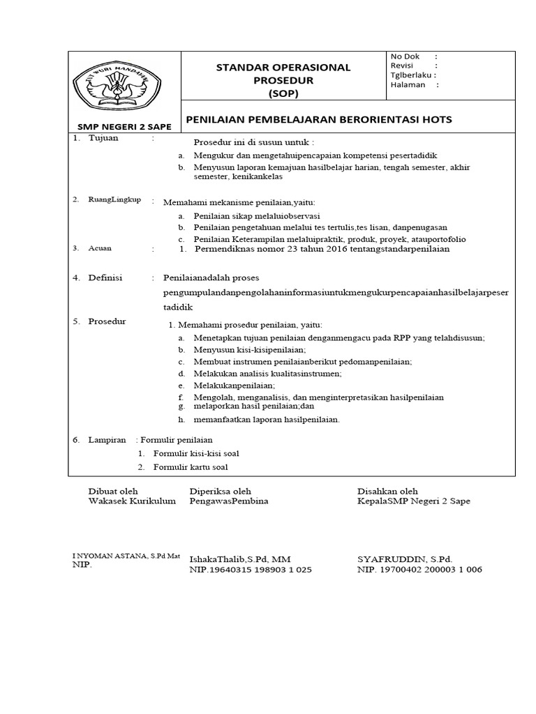 Lk. 3. Sop Penilaian Pembelajaran Berorientasi Hots | PDF
