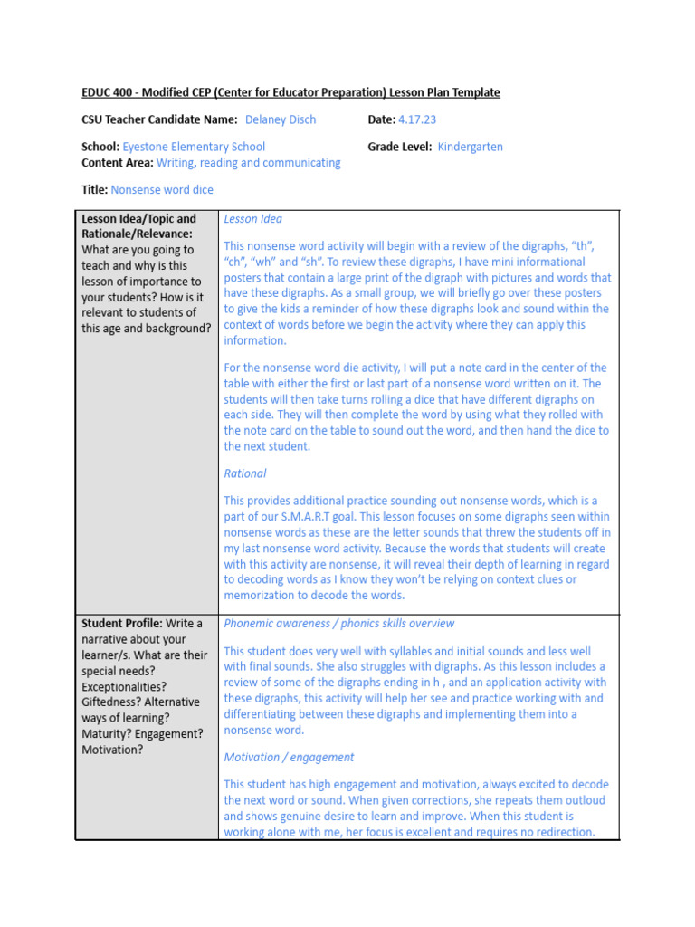 Lesson Plan 2 - Educ 400 - Modified Cep Center For Educator Preparation ...