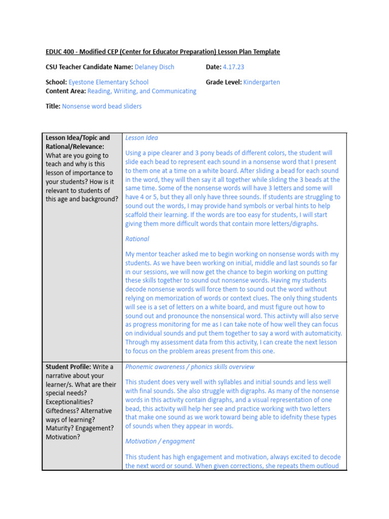 Lesson Plan 1 - Educ 400 - Modified Cep Center For Educator Preparation ...