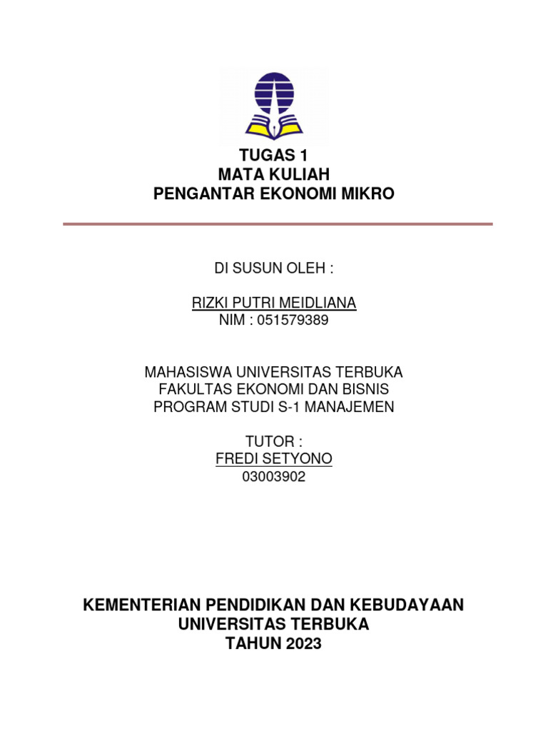 Tugas 1 Pengantar Ekonomi Mikro Rizki Putri 051579389 | PDF