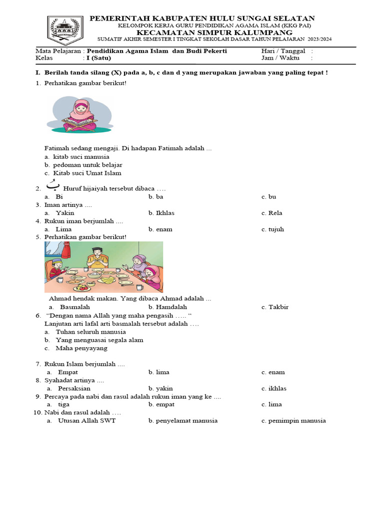 SOAL PAI KELAS 1 SAS 1 KURMER TP 2023-2024 (2) | PDF