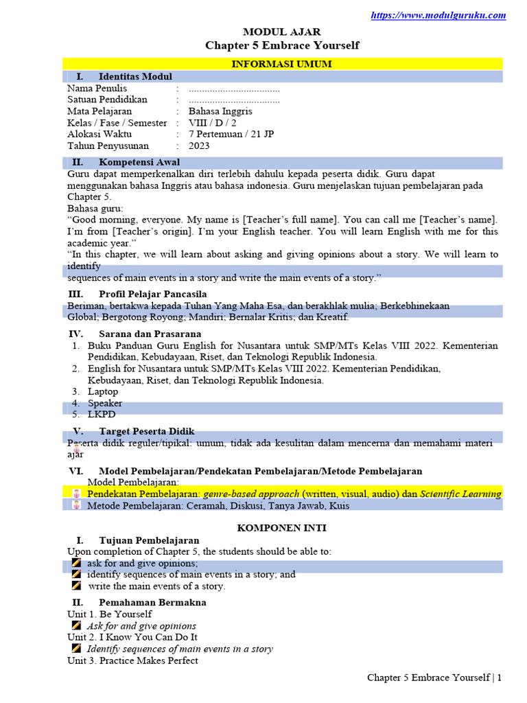 Modul Ajar Bahasa Inggris Fase D Kelas 8 Chapter 5 | PDF