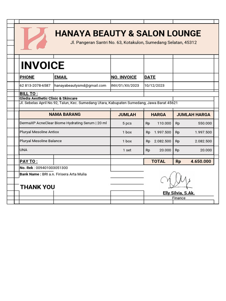 Invoice for Hanaya Beauty Services | PDF