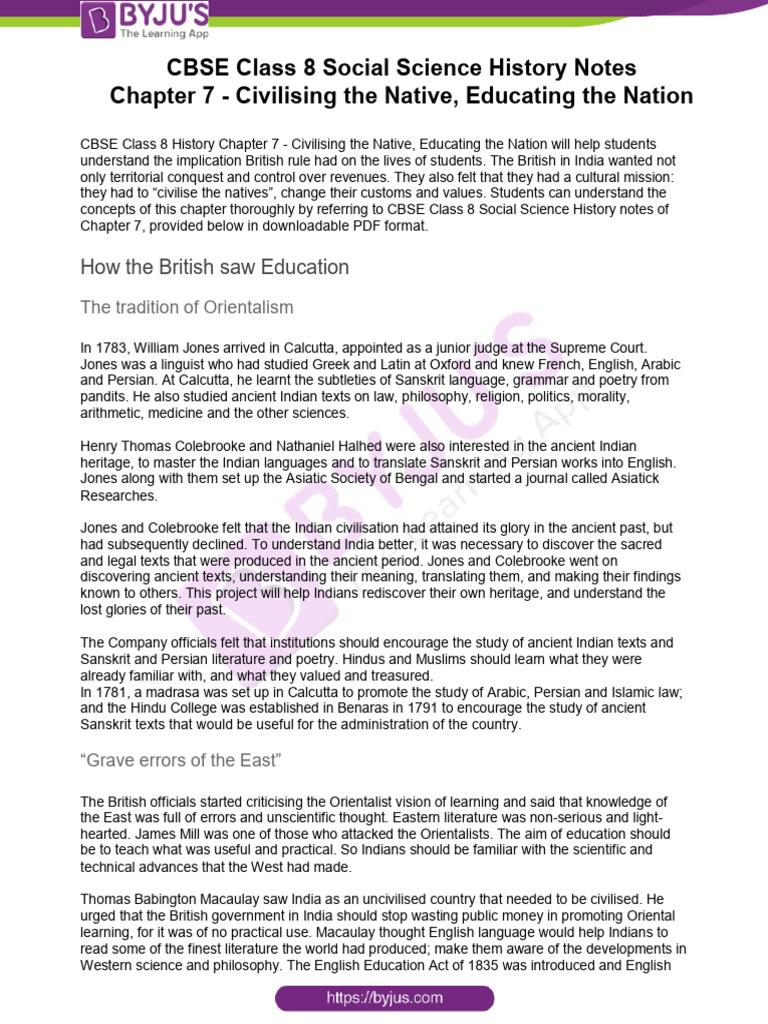 CBSE Class 8 Social Science History Notes Chapter 7 Civilising The ... CBSE Class 8 Social Science History Notes Chapter 7 Civilising The ...