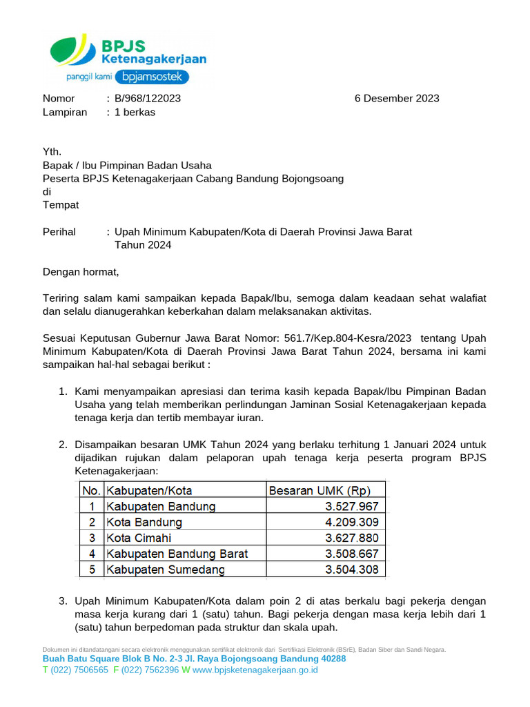 Surat Pemberitahuan Umk Tahun 2024 Pdf