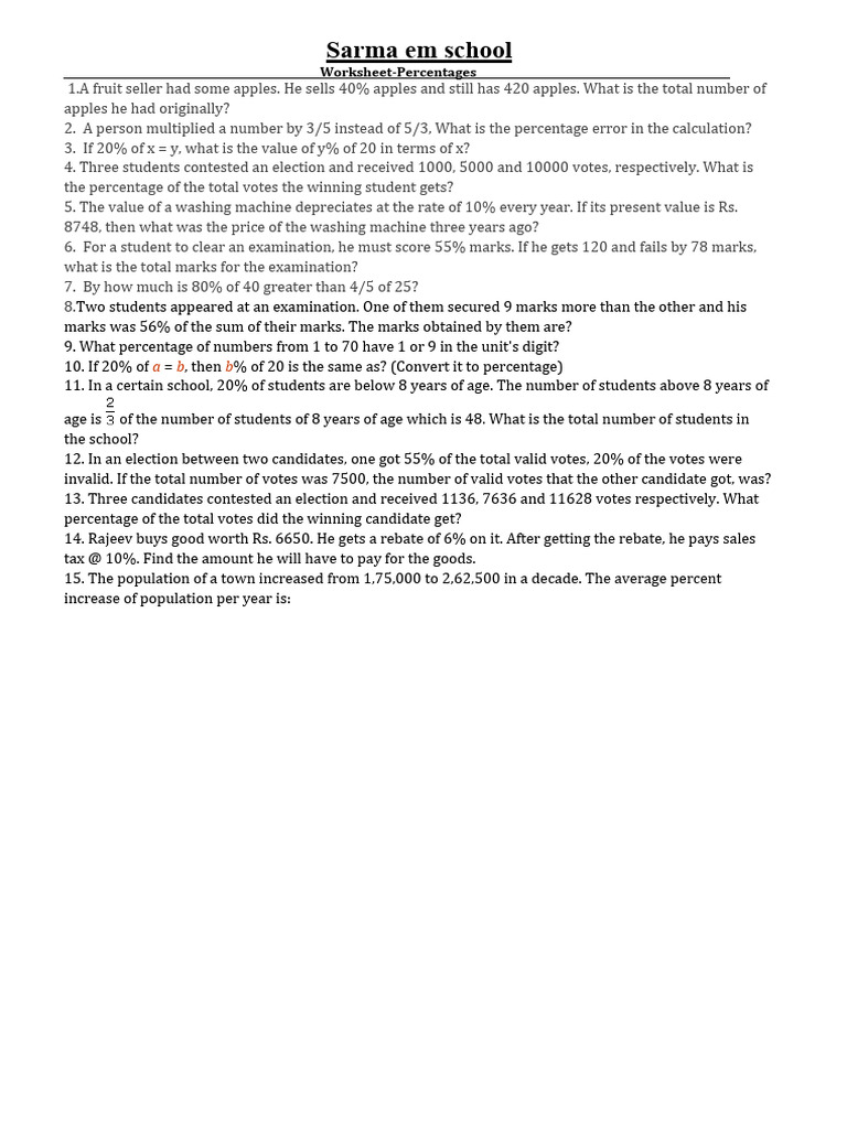 Percentages Worksheet Pdf Percentage Income