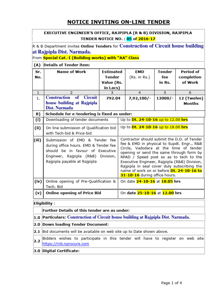 E Tender Notice - New Circuit House Rajpipla | PDF | Public Key Certificate | Business