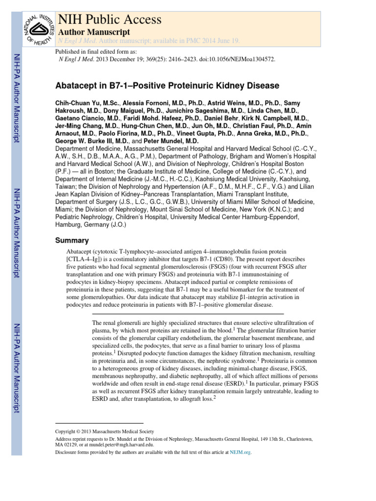 Abatacept in B7-1-Positive Proteinuric Kidney Disease | PDF