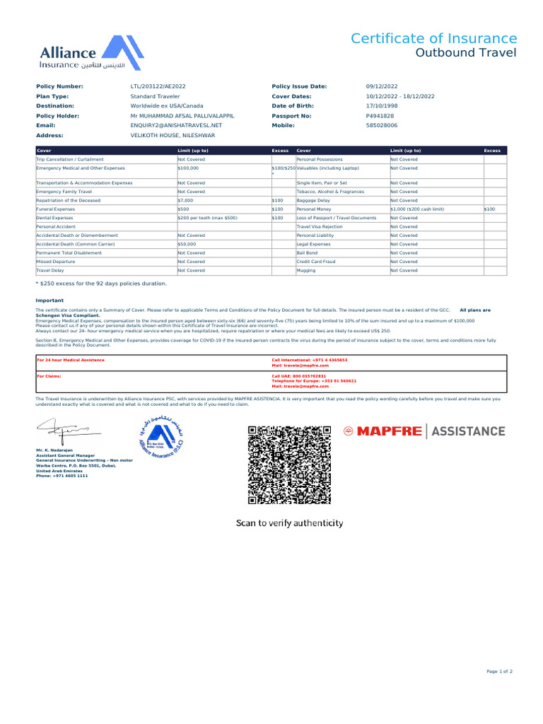 Certificate of Insurance: Outbound Travel | PDF | Insurance | United ...