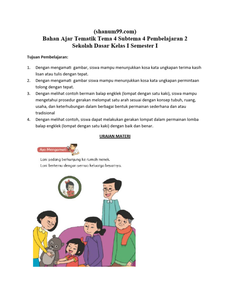 Bahan Ajar Kelas 1 Tema 4 Subtema 4 PB 2 | PDF | Seni & Disiplin Bahasa