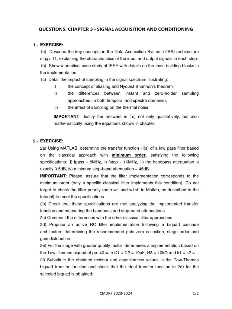 Chapter 3 Questions(1) | PDF | Sampling (Signal Processing) | Filter (Signal Processing)