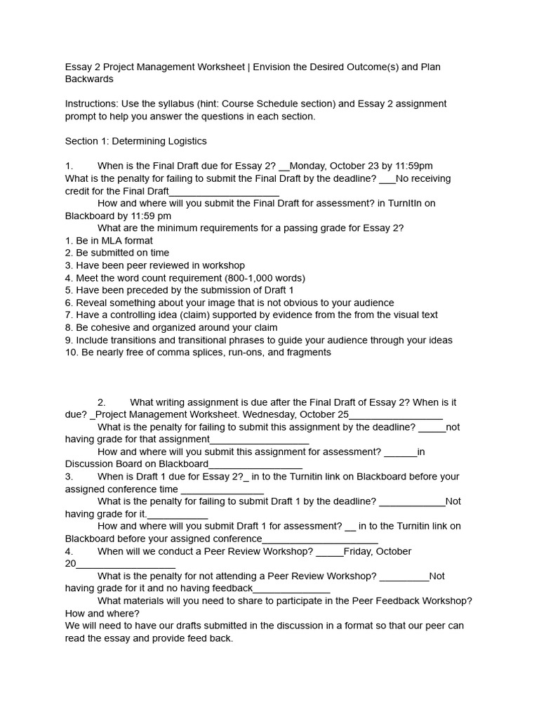 Essay 2 Project Management Worksheet 1 | PDF