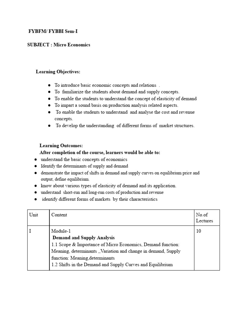 Micro Economics Syllabus FYBFM - FYBBI Sem-I | PDF | Supply And Demand ... Micro Economics Syllabus FYBFM - FYBBI Sem-I | PDF | Supply And Demand ...