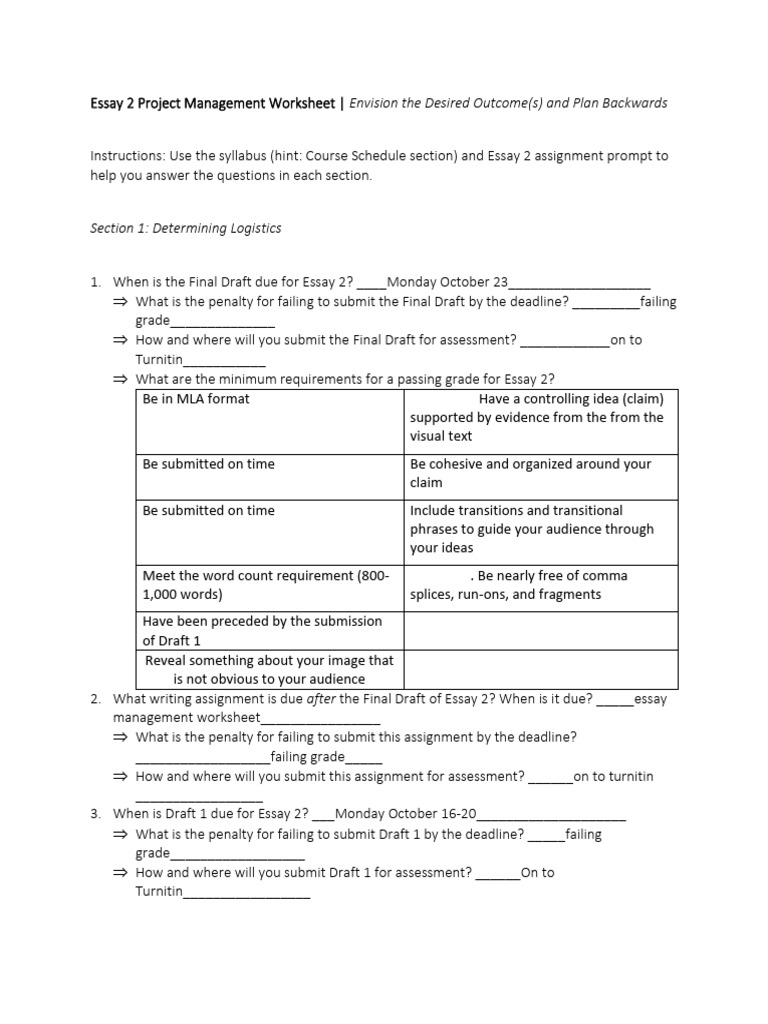 Essay 2 Project Management Worksheet 1 | PDF | Essays | Cognition