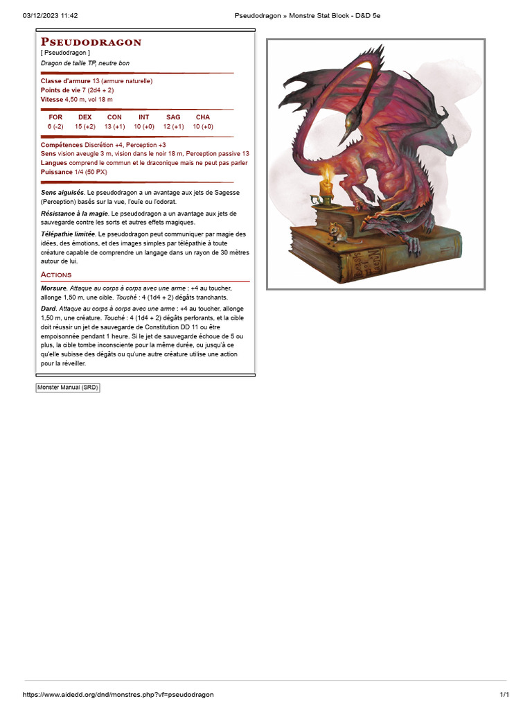 Stat Block du Pseudodragon D&D 5e | PDF