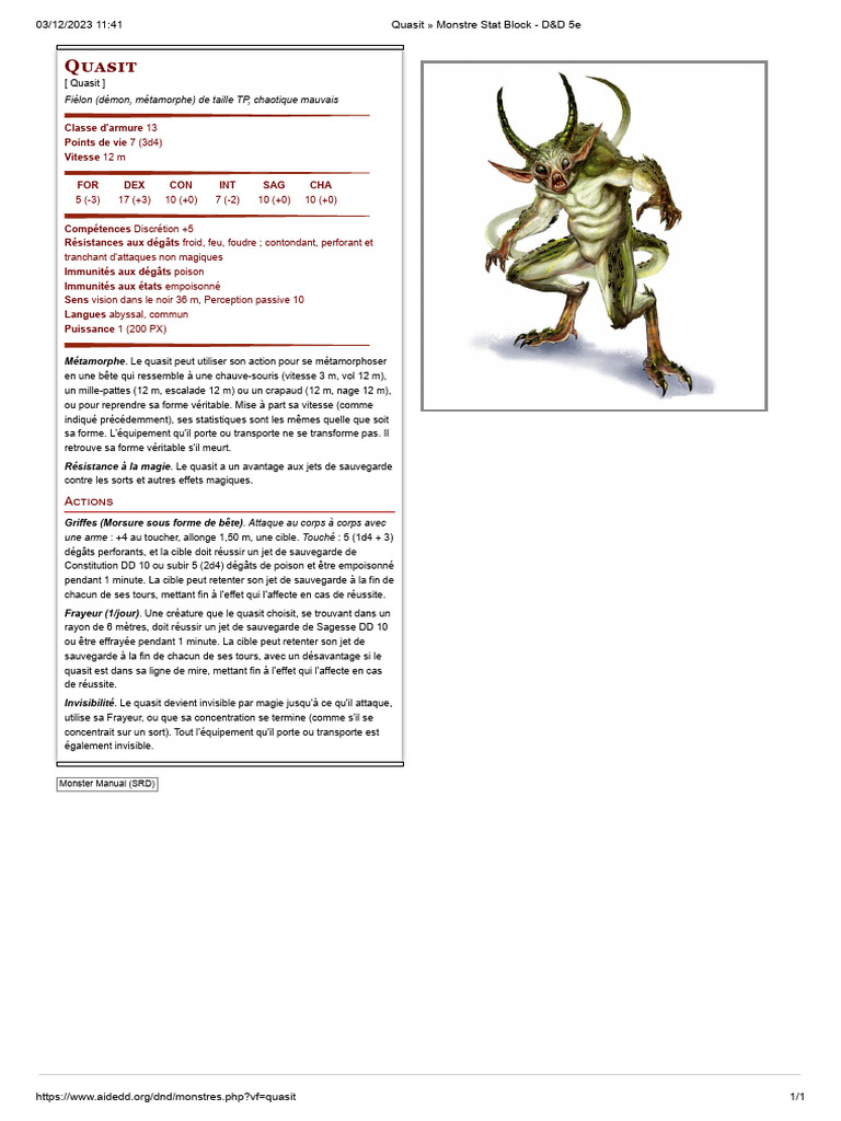 Quasit Monstre Stat Block - D&D 5e | PDF