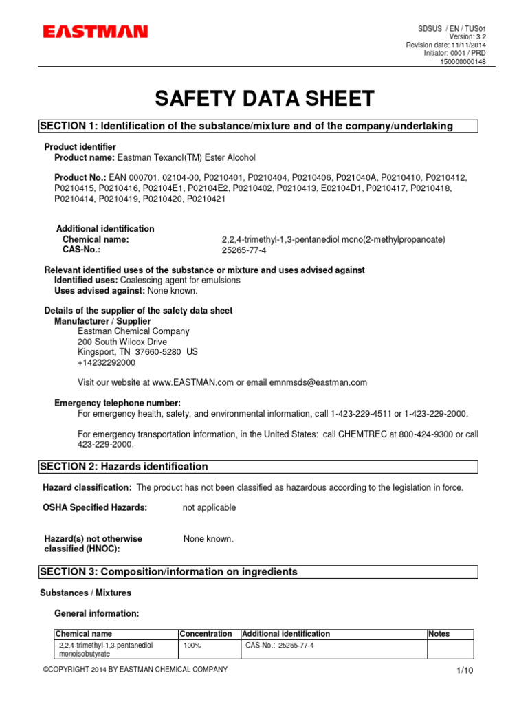 Texanol Ester Alcohol Sds | PDF | Dangerous Goods | Toxicity