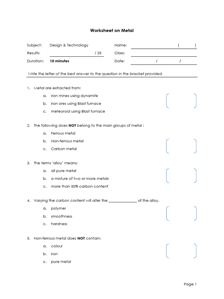 Worksheet On Metal - Student PDF | Download Free PDF | Steel | Metals