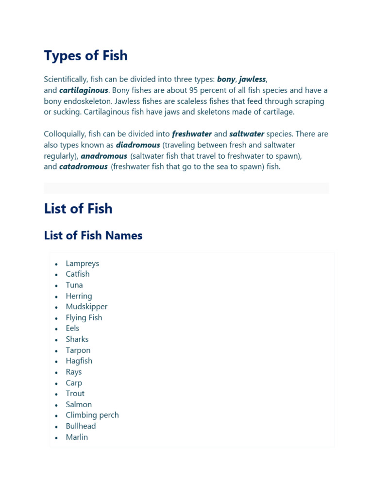 Types of Fish | PDF