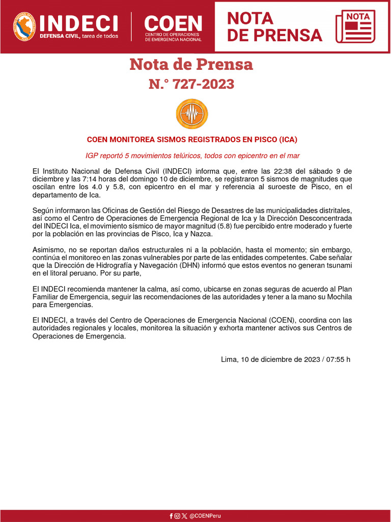 Nota de Prensa N.° 727-2023-Coen Monitorea Sismos Registrados en Pisco (Ica) | PDF